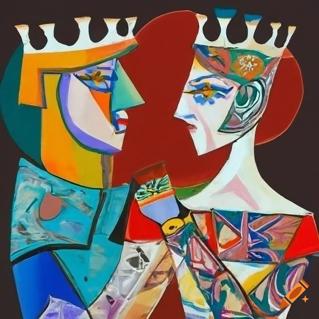 King and queen with cups in a Picasso-style cubism art deco collage on ...