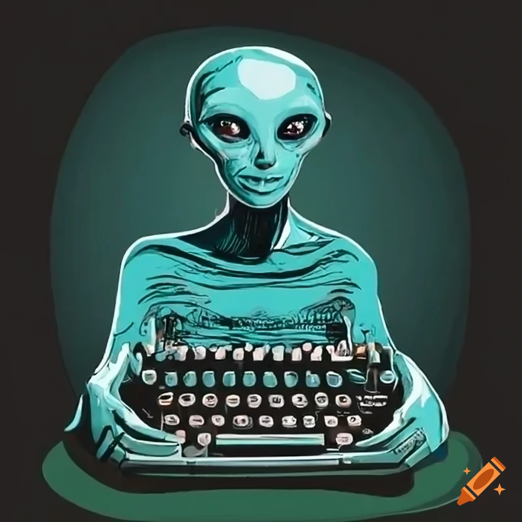Writer typing on typewriter in a cafe surrounded by aliens on Craiyon