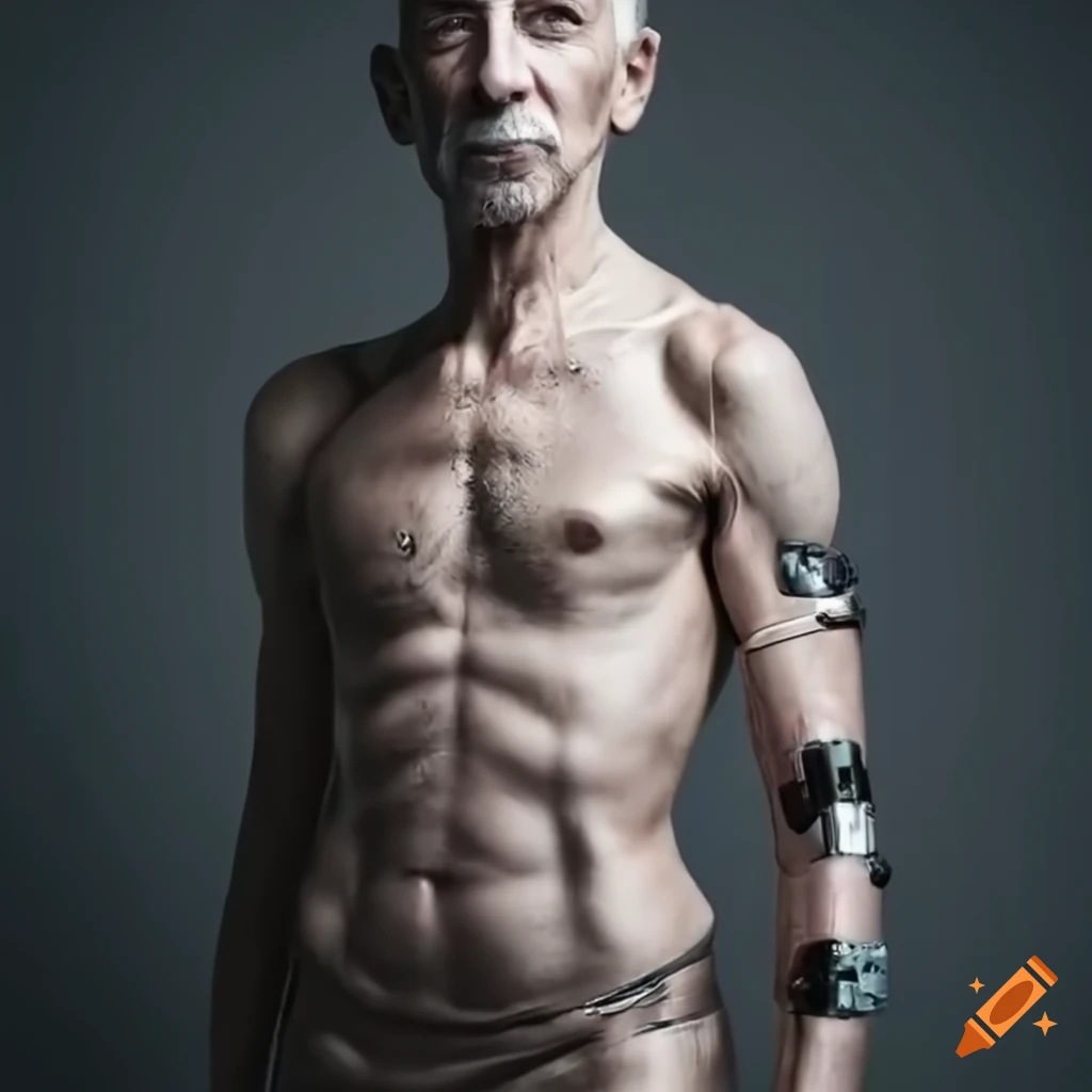 Elderly handsome male cyborg with shiny chrome skin on Craiyon
