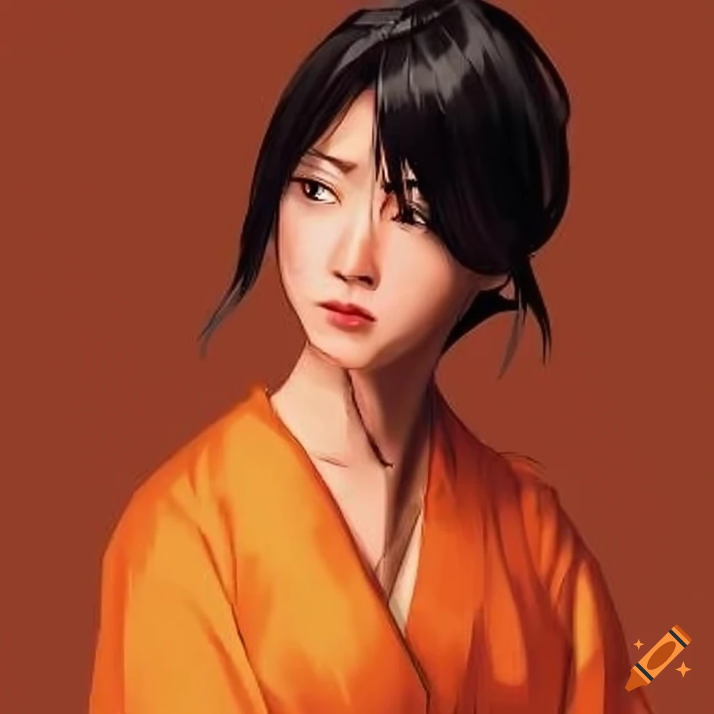 Japanese priestess in orange hakama and white shirt in 2d top down ...