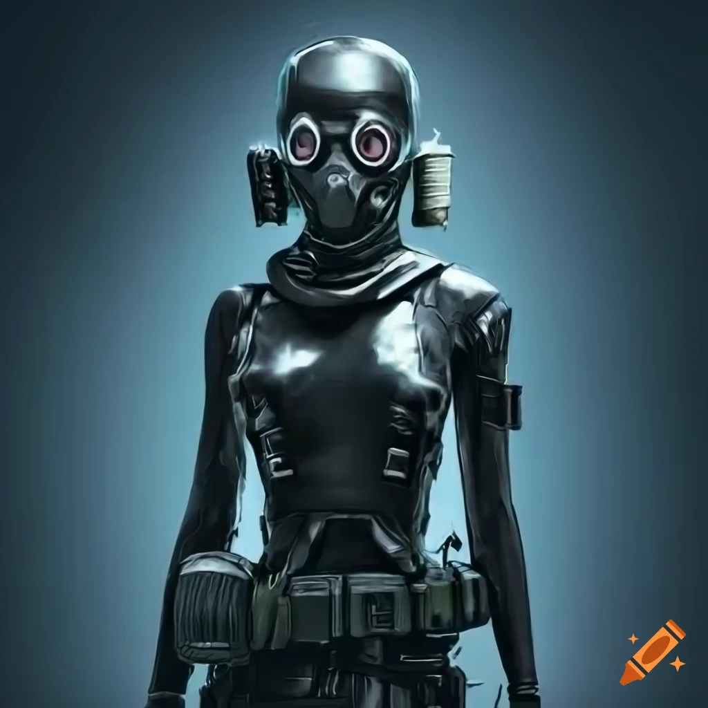 Detailed female cyberpunk soldier in black wet suit and gas mask on Craiyon