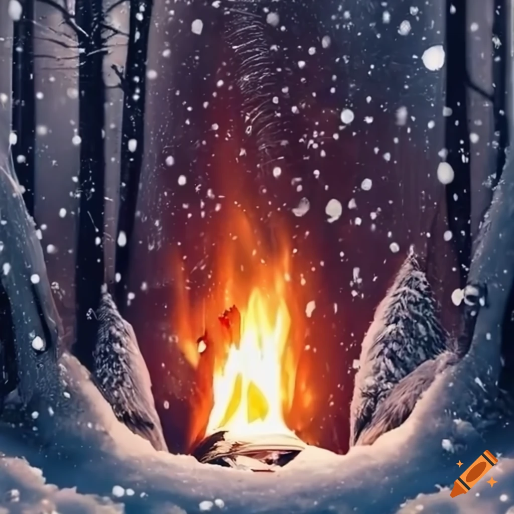 Winter reading corner with falling snow and crackling fire on Craiyon