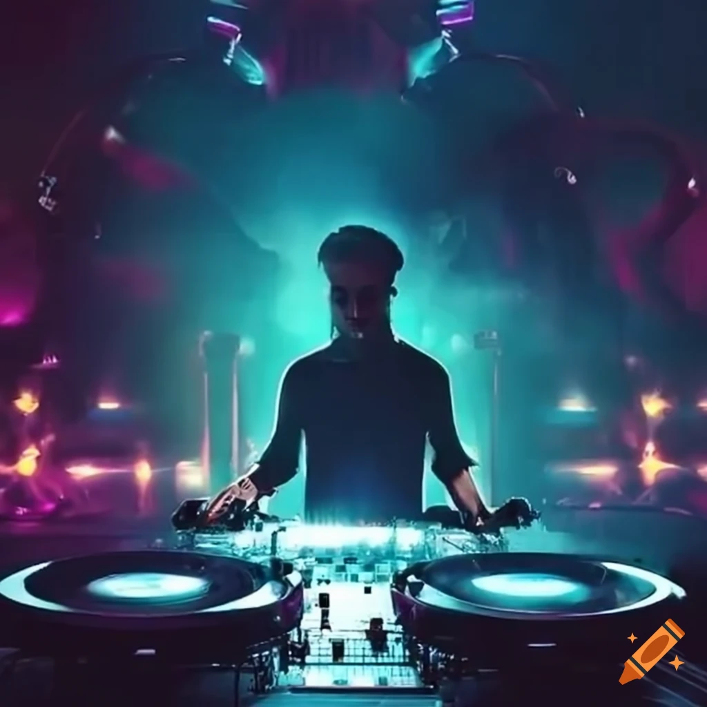Futuristic dj playing dance music with a big sound system on Craiyon