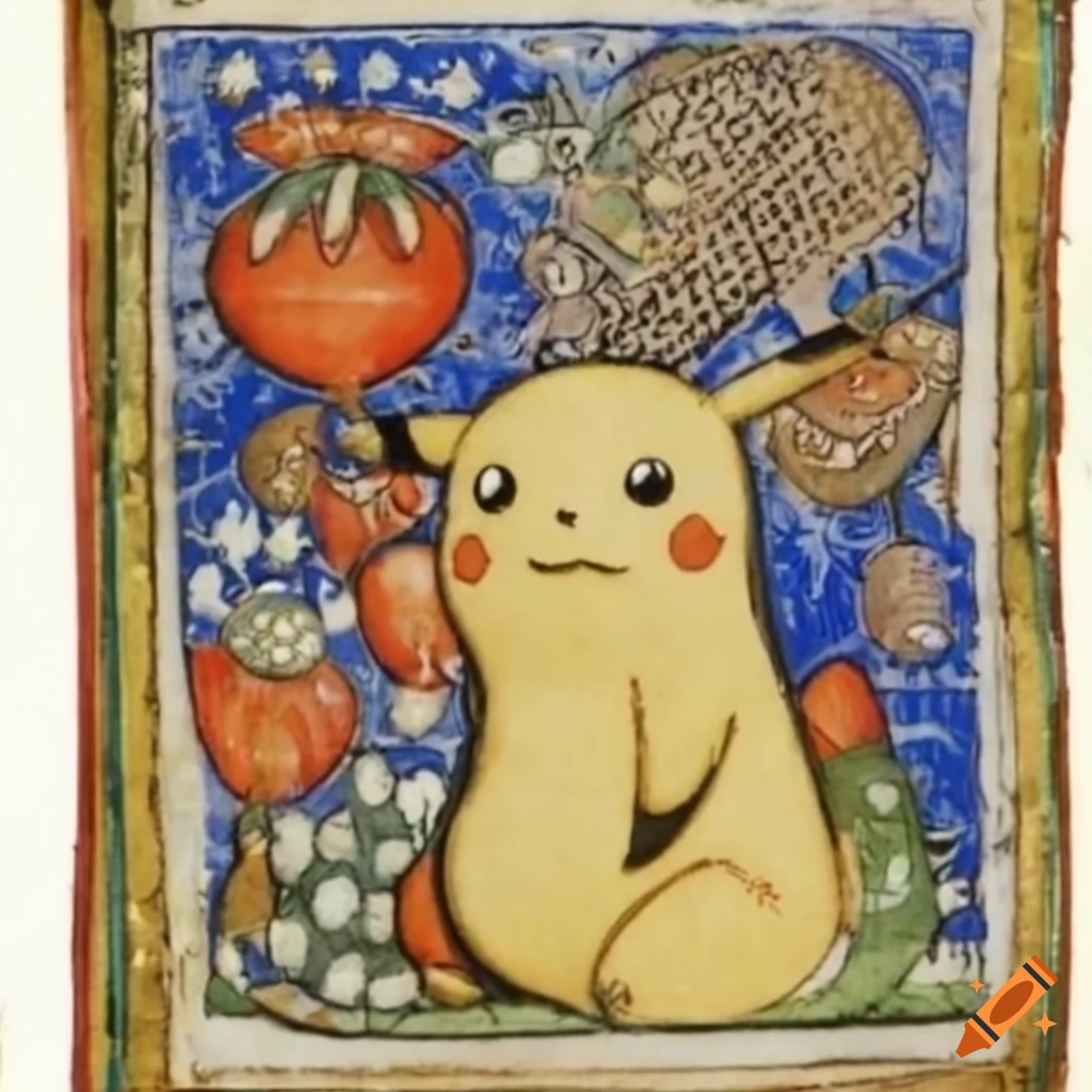 Pokemon depicted in a medieval manuscript on Craiyon