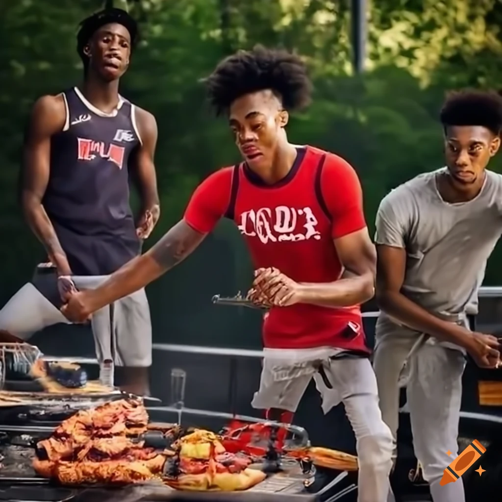 Scottie Barnes, Immanuel Quickley, and RJ Barrett grilling on a barbecue on Craiyon