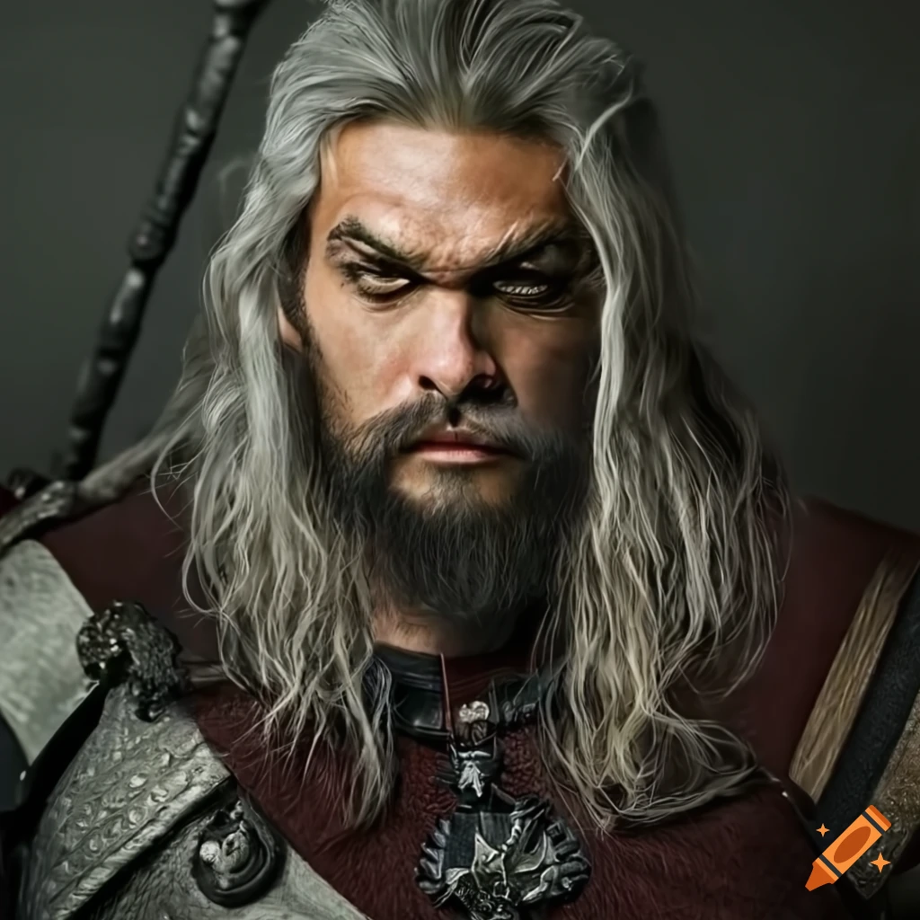 Photorealistic portrayal of jason momoa as witcher on Craiyon