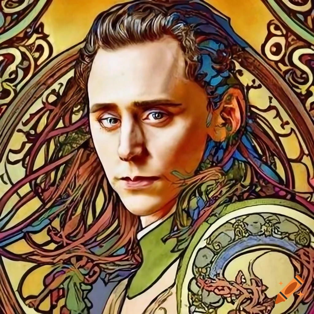 Loki with long black hair in the style of alphonse mucha on Craiyon