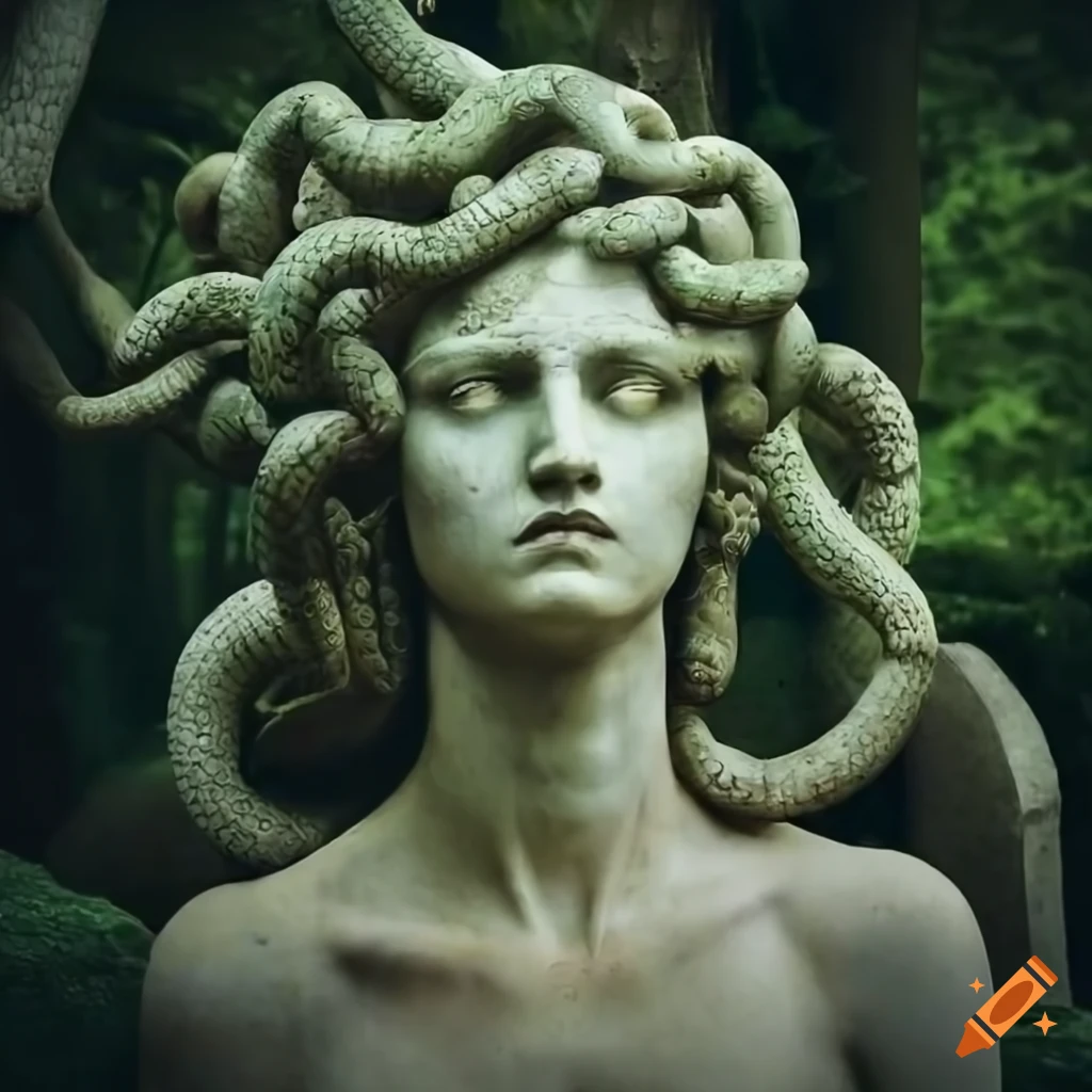 Mesmerizing depiction of Medusa in a moonlit ancient garden with ...
