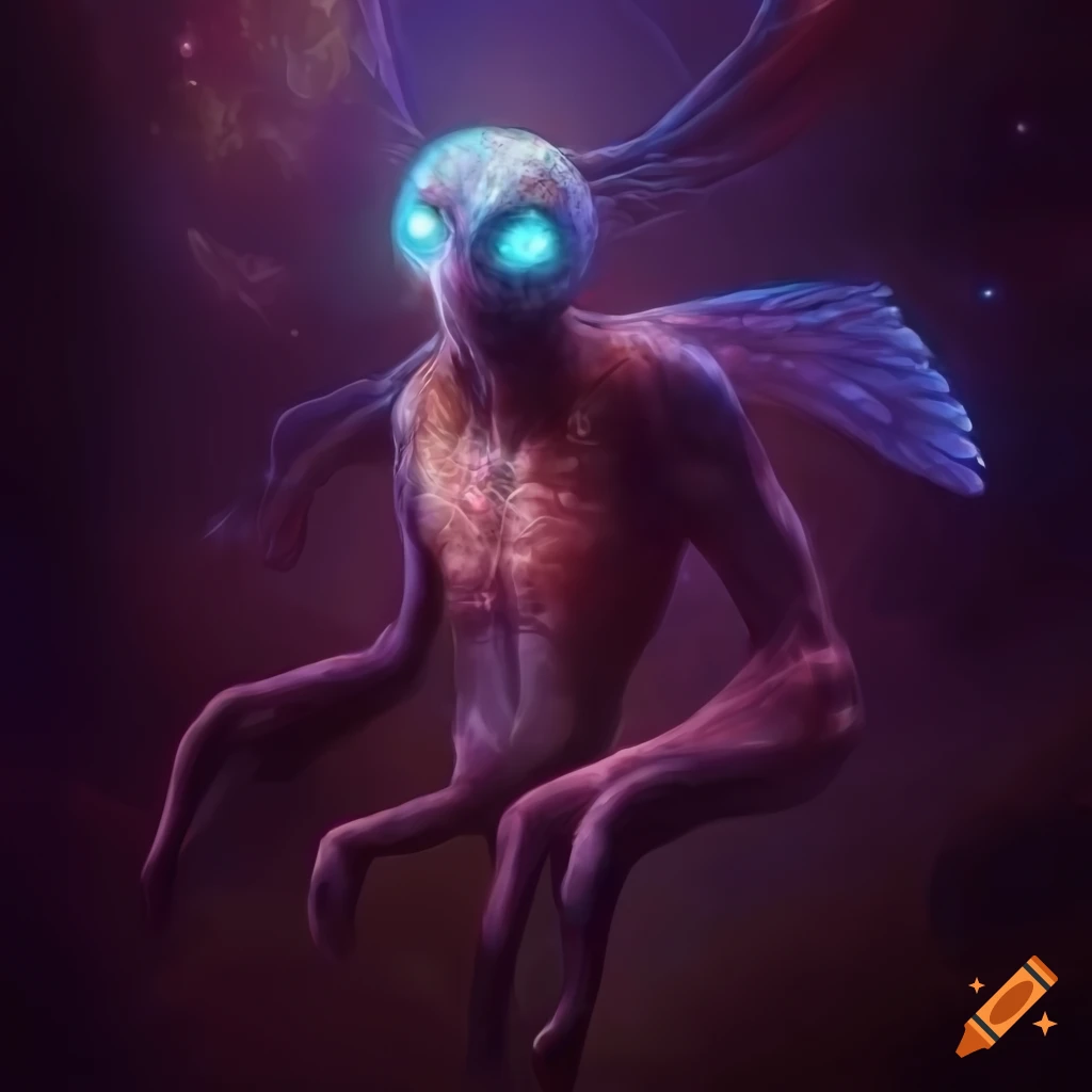 Surreal creature with insect wings, human torso, and monstrous limbs ...