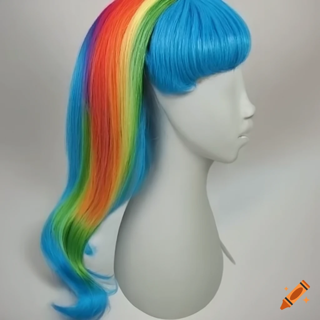 Colorful rainbow dash ponytail and bang wig on mannequin on Craiyon