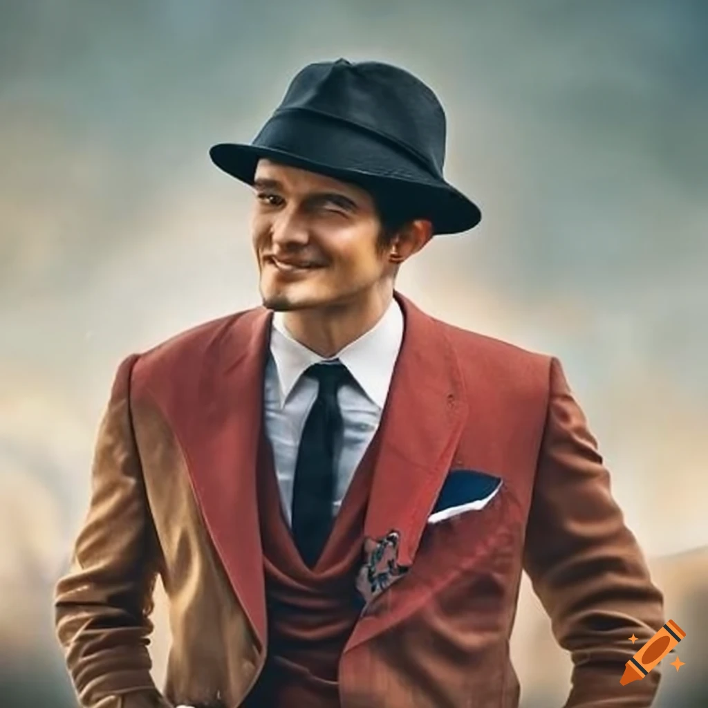 Orlando bloom in a suit and trilby hat with a red tie on Craiyon