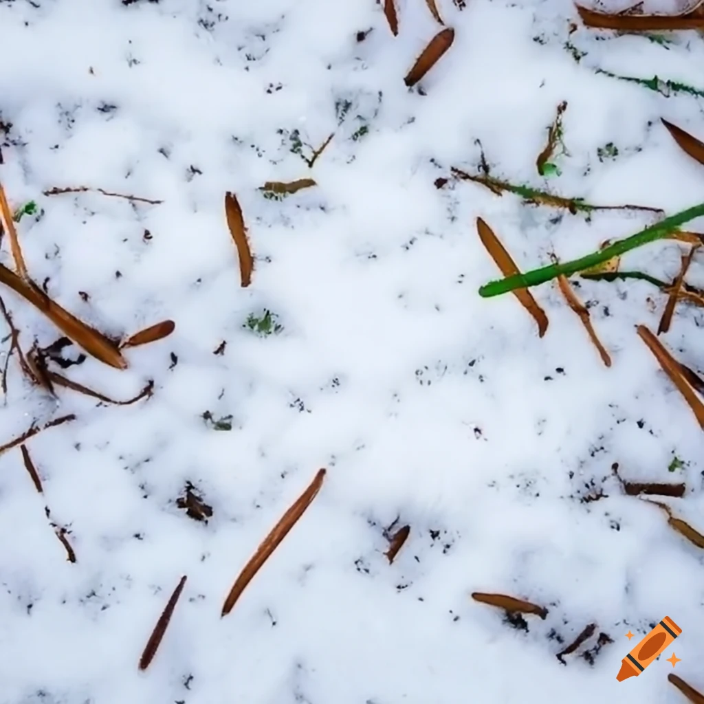 Snow covering ground with sparse grass and twigs on Craiyon