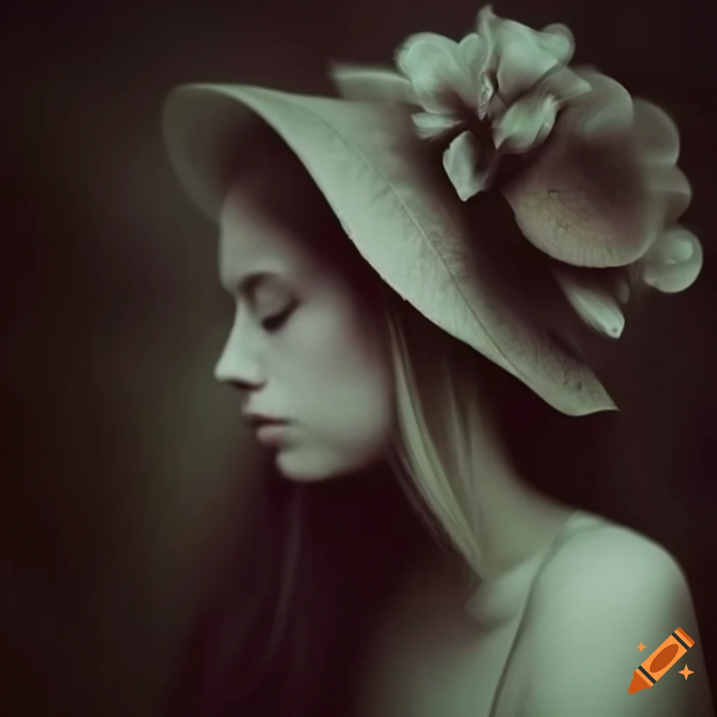 Blurry portrait of a woman with closed eyes in a misty floral setting ...