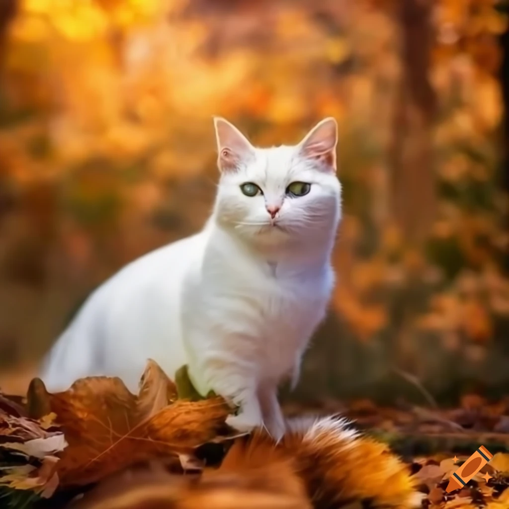 Elegant white cat in detailed foliage of an autumnal forest on Craiyon