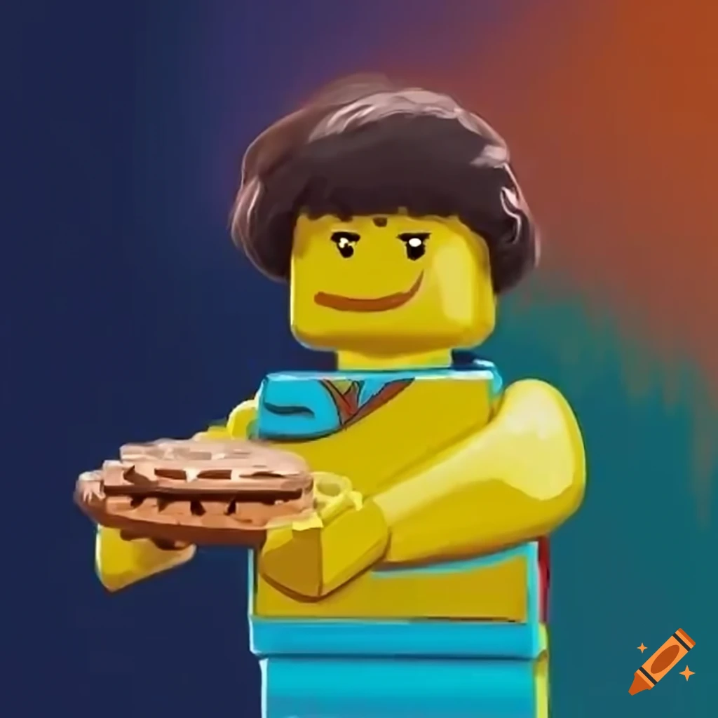 Happy yellow lego man holding a waffle on Craiyon