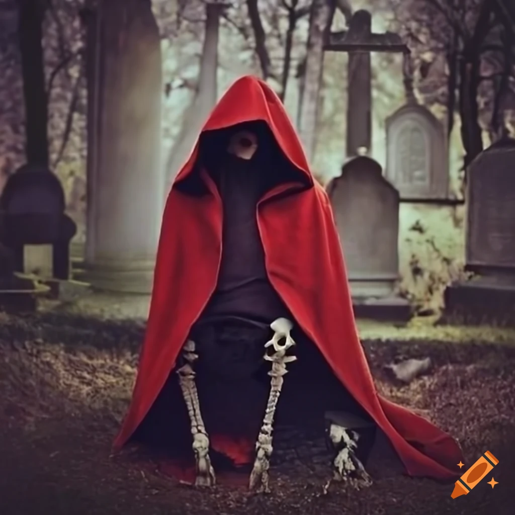 Skeleton in a red hooded cloak in a graveyard on Craiyon