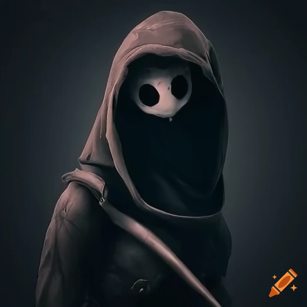 Hooded man with a twisted hollow knight bone mask on Craiyon