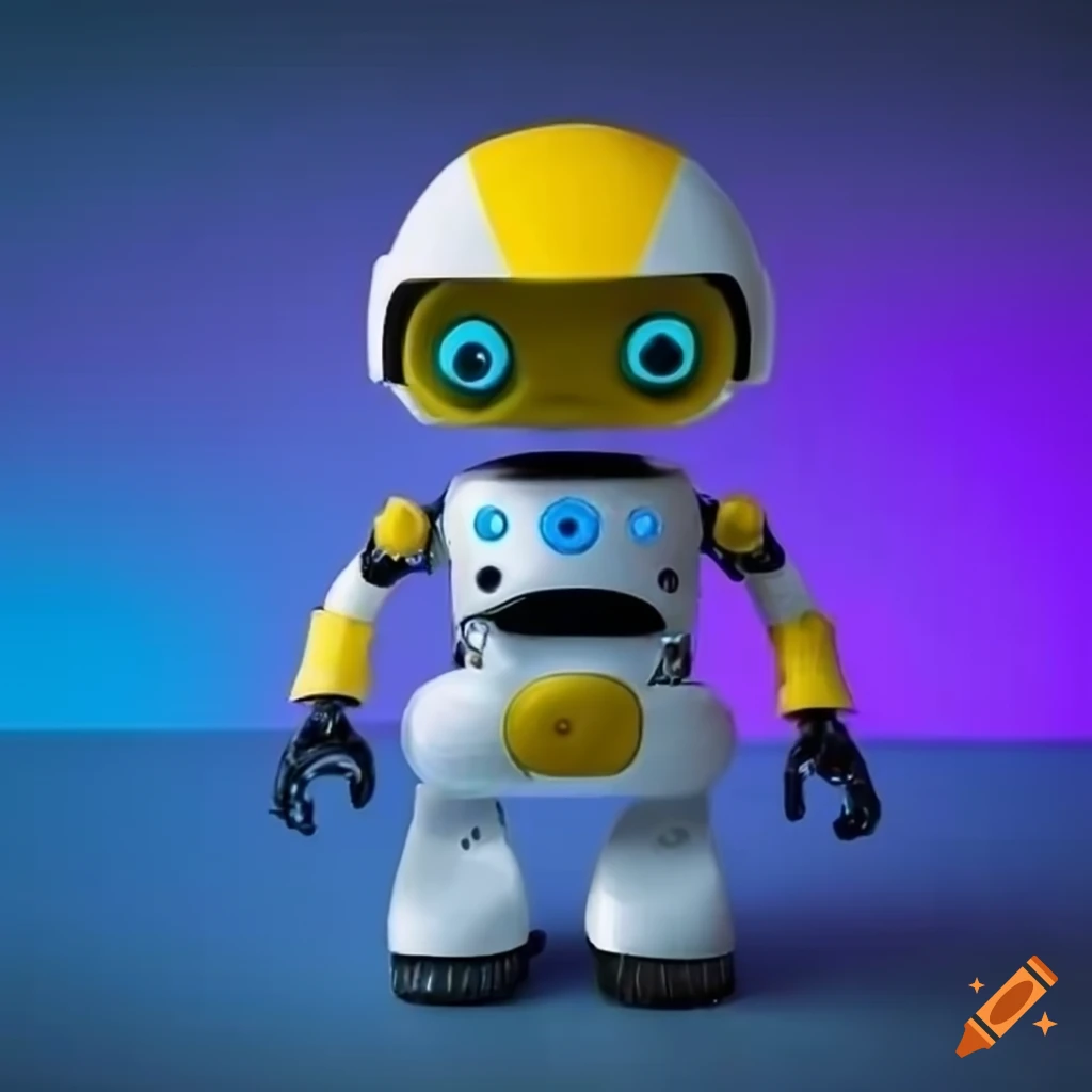 Cute humanoid robot with shining eyes in blue and yellow color scheme ...