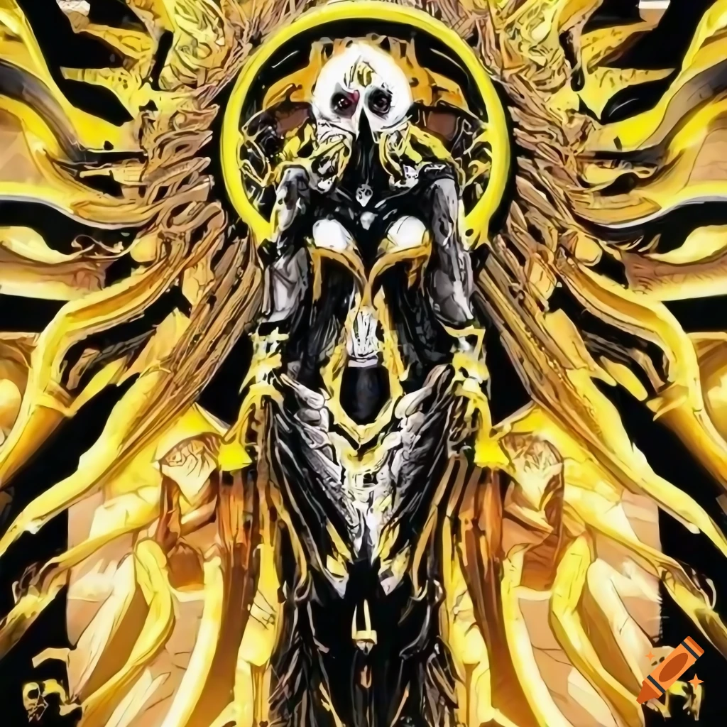 Demonic biomechanical angel with a beautiful female face in neon colors ...