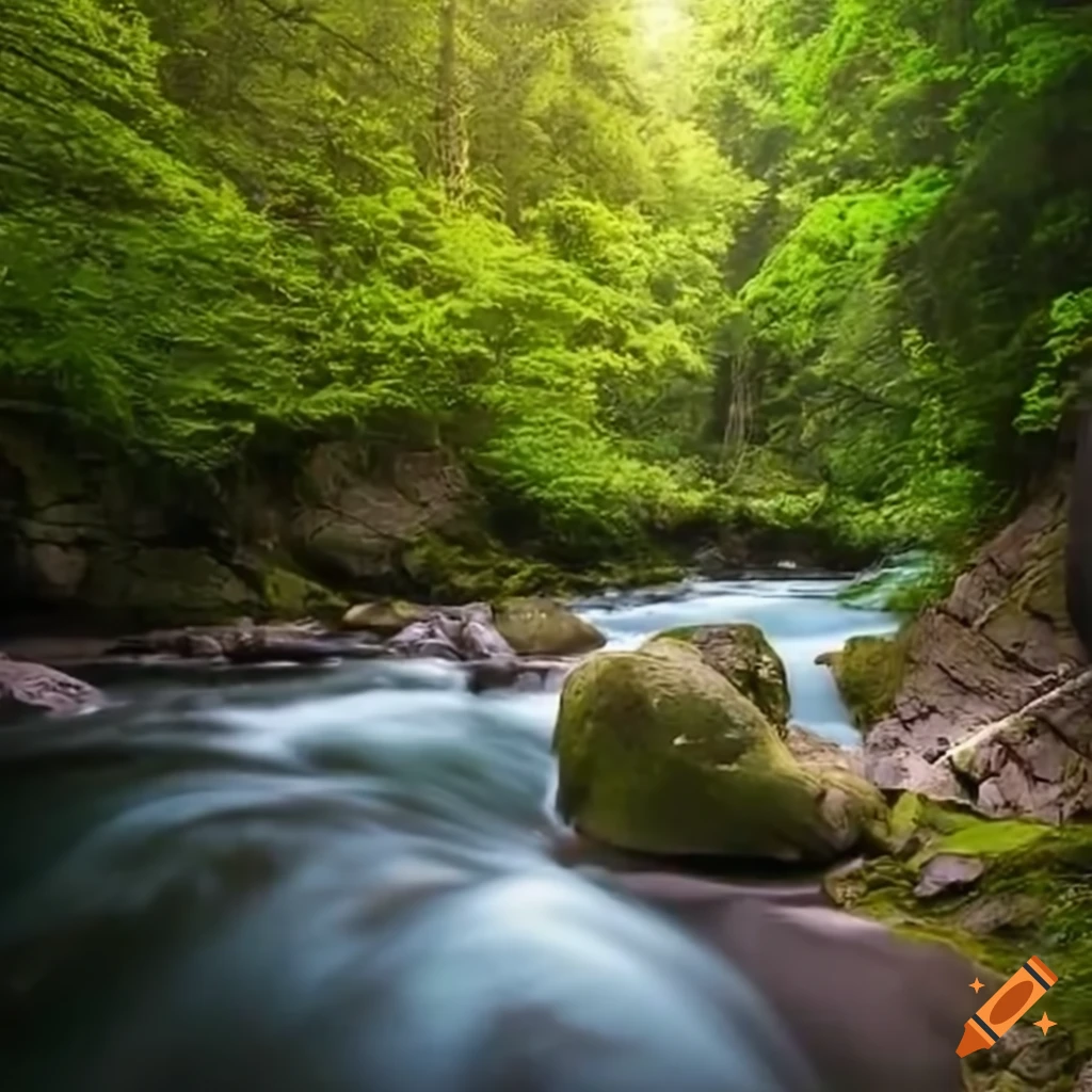Serene river flowing through lush greenery with a cozy cabin nearby on ...