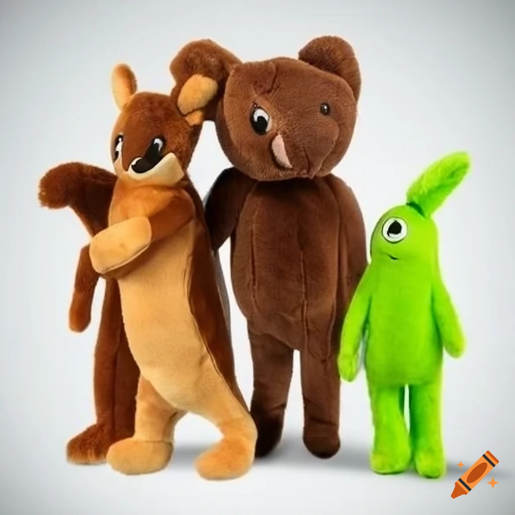 Collection of funny stuffed animal mascots on white background on Craiyon