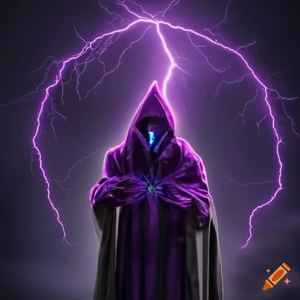 Deity with triangular neon purple helmet summoning lightning over a ...