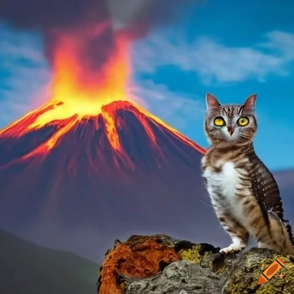 Cat and owl hybrid in front of a volcano on Craiyon