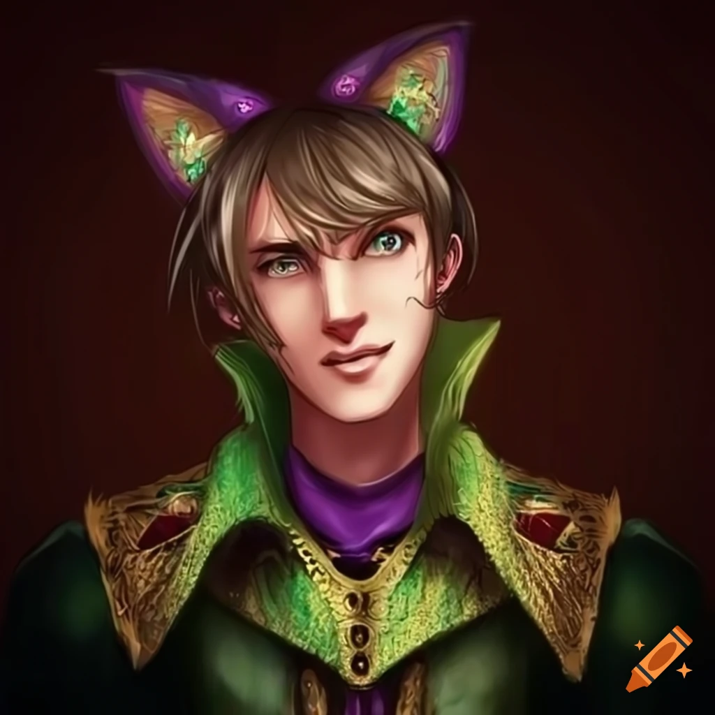 Portrait of a king with emerald green eyes, wearing purple and green ...