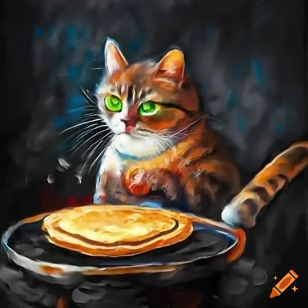 Cat frying pancakes in black and white drawing on Craiyon