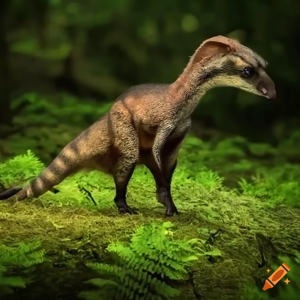 Bipedal feathered dinosaur with civet color pattern in a forest ...