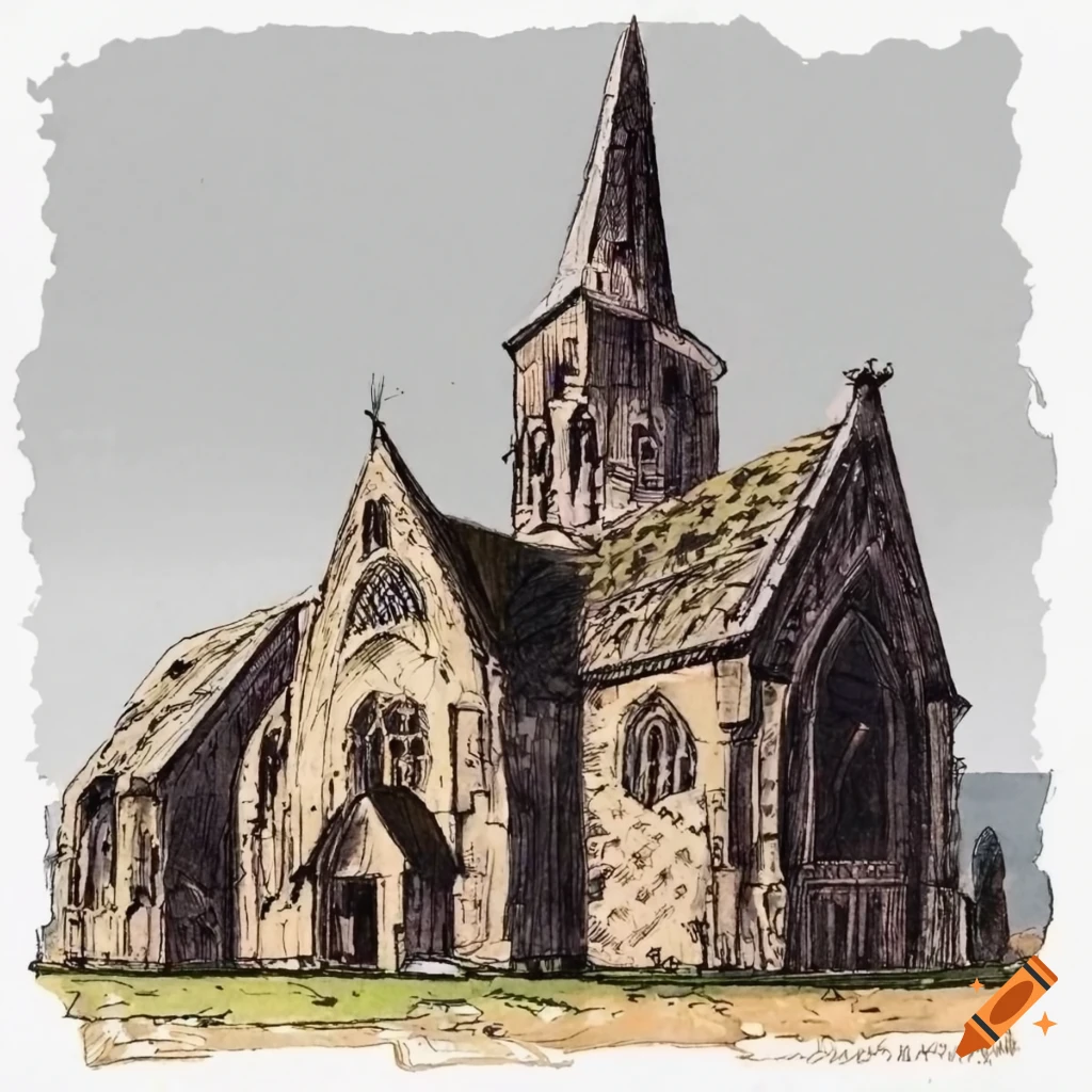 Detailed black and white drawing of a tudor period church in the style ...