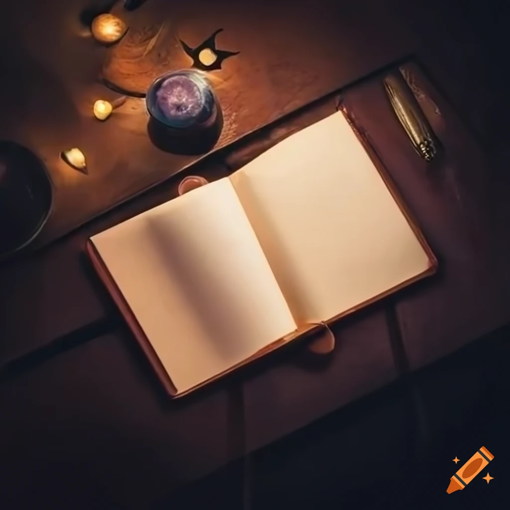 Overhead view of open mysterious and magical diary on a table on Craiyon