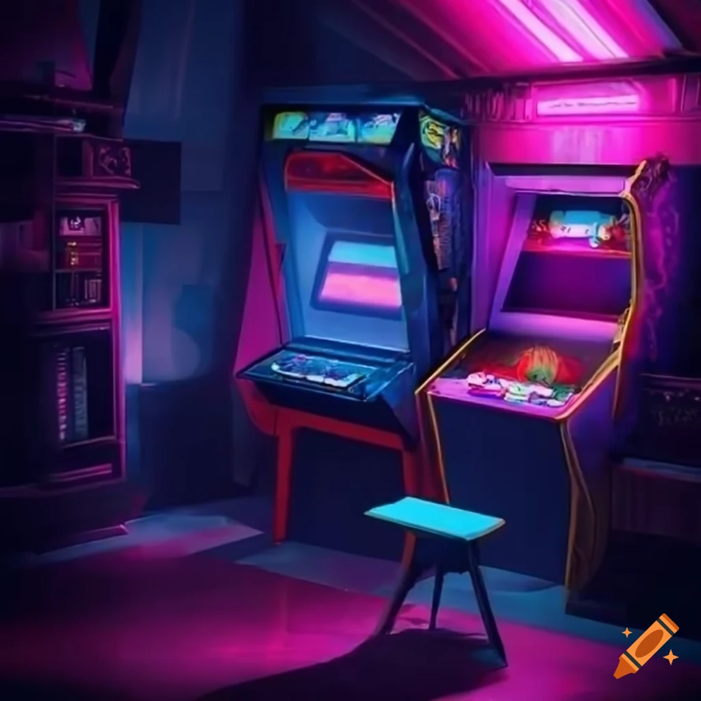 Arcade room with a cyberpunk and heavy metal style on Craiyon