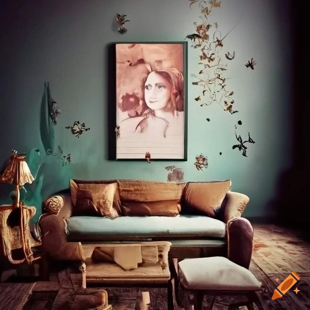 Portrait displayed on wall in a room with beautiful sofas and ...