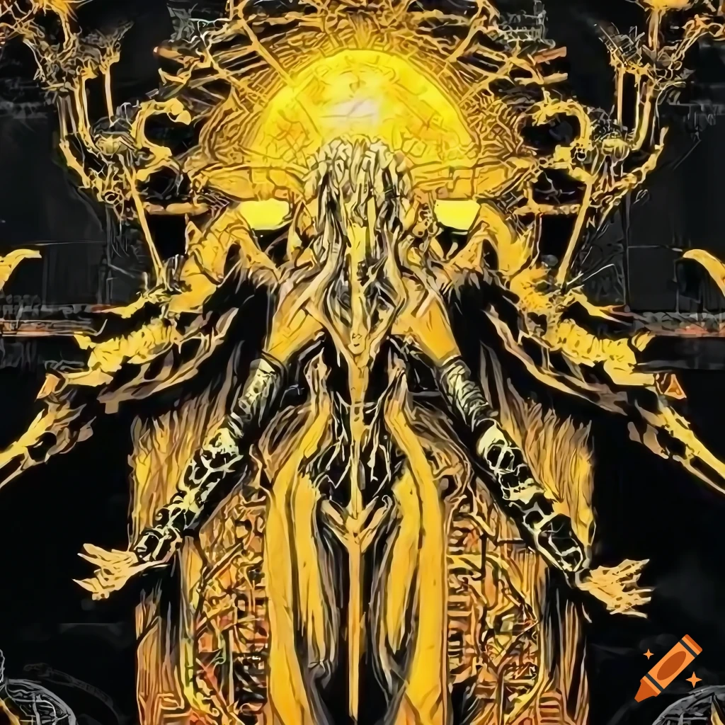 Symmetrical neon orange and yellow demonic angel in art nouveau style ...