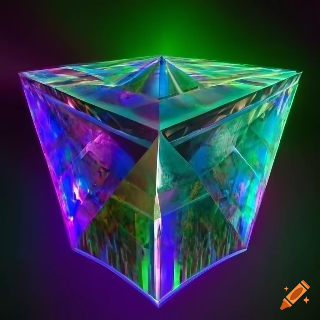 Fractal pyramid of rainbow laser crystal bricks in outer space on Craiyon