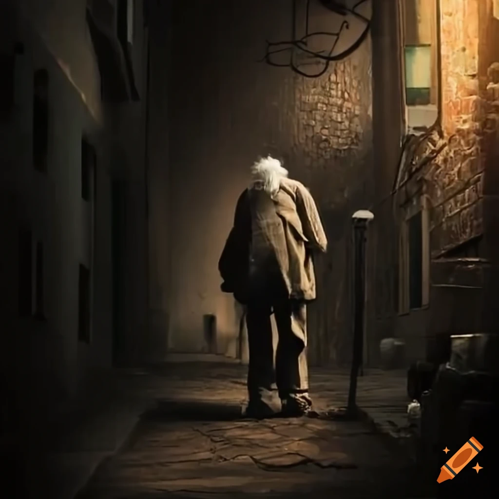 Elderly man in a back alley on Craiyon