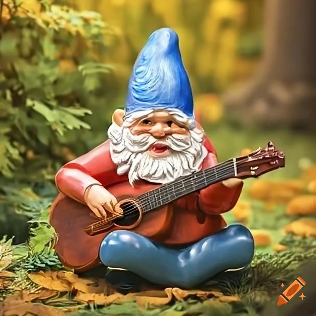 Garden gnomes playing acoustic guitars on Craiyon