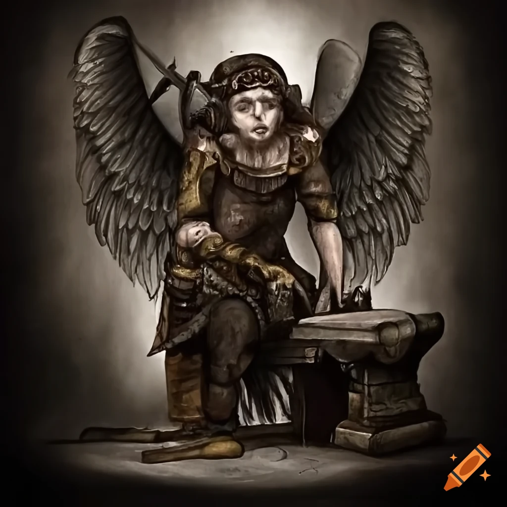Steampunk angel forging wings on an anvil on Craiyon