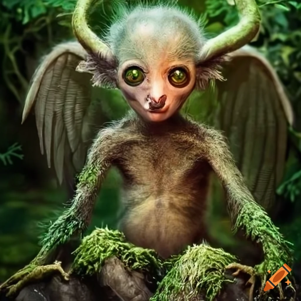 Fascinating fantasy creature with aye-aye monkey head, tree body, and angel wings in brian froud ...