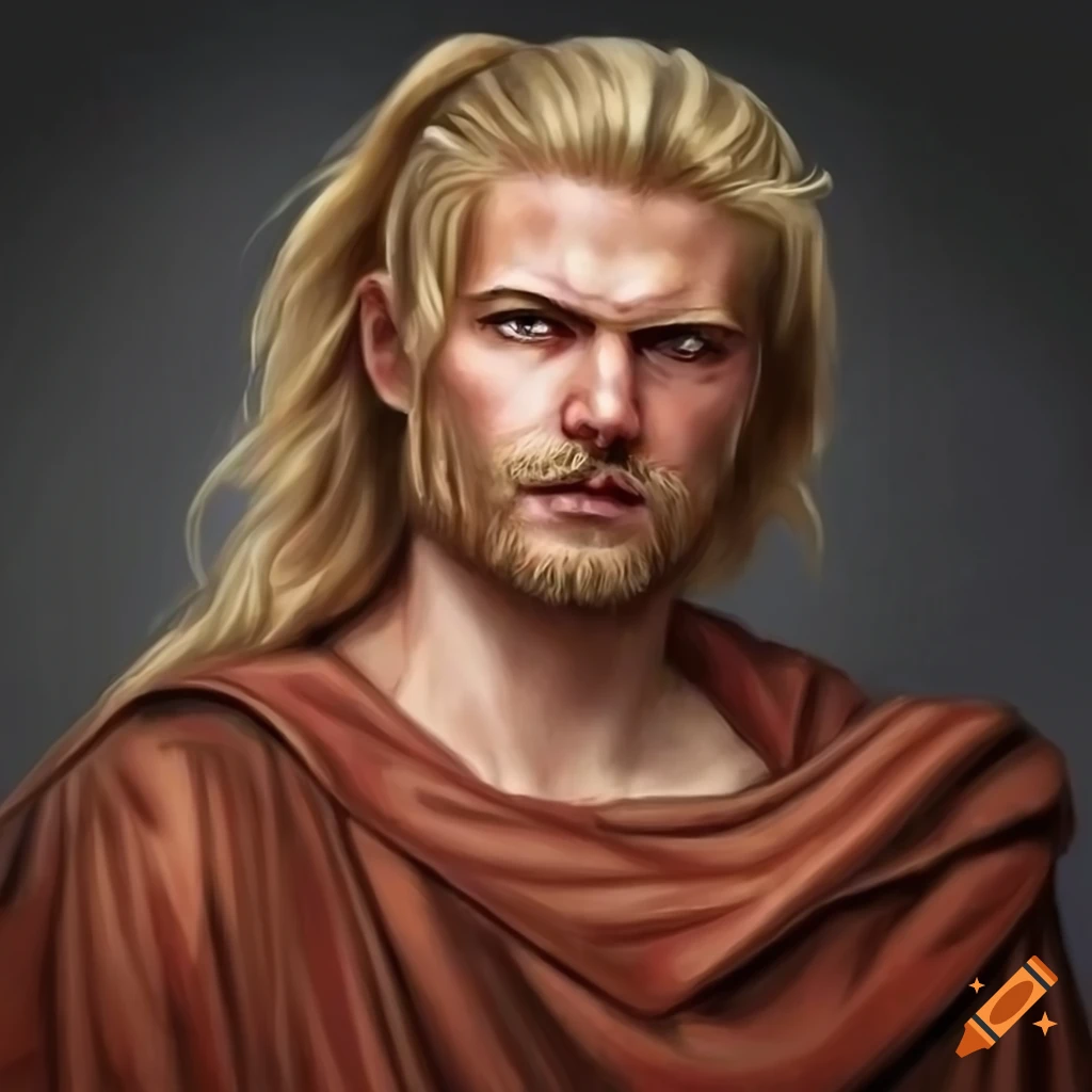 Portrait of ancient germanic roman caesar with long blonde hair and ...