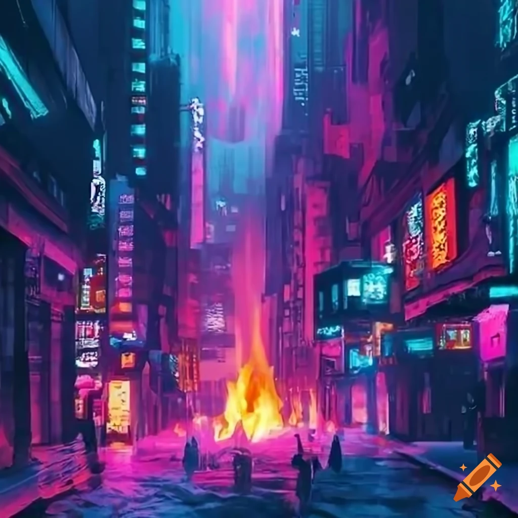 Small fire burning in neon cyberpunk city during torrential rain on Craiyon