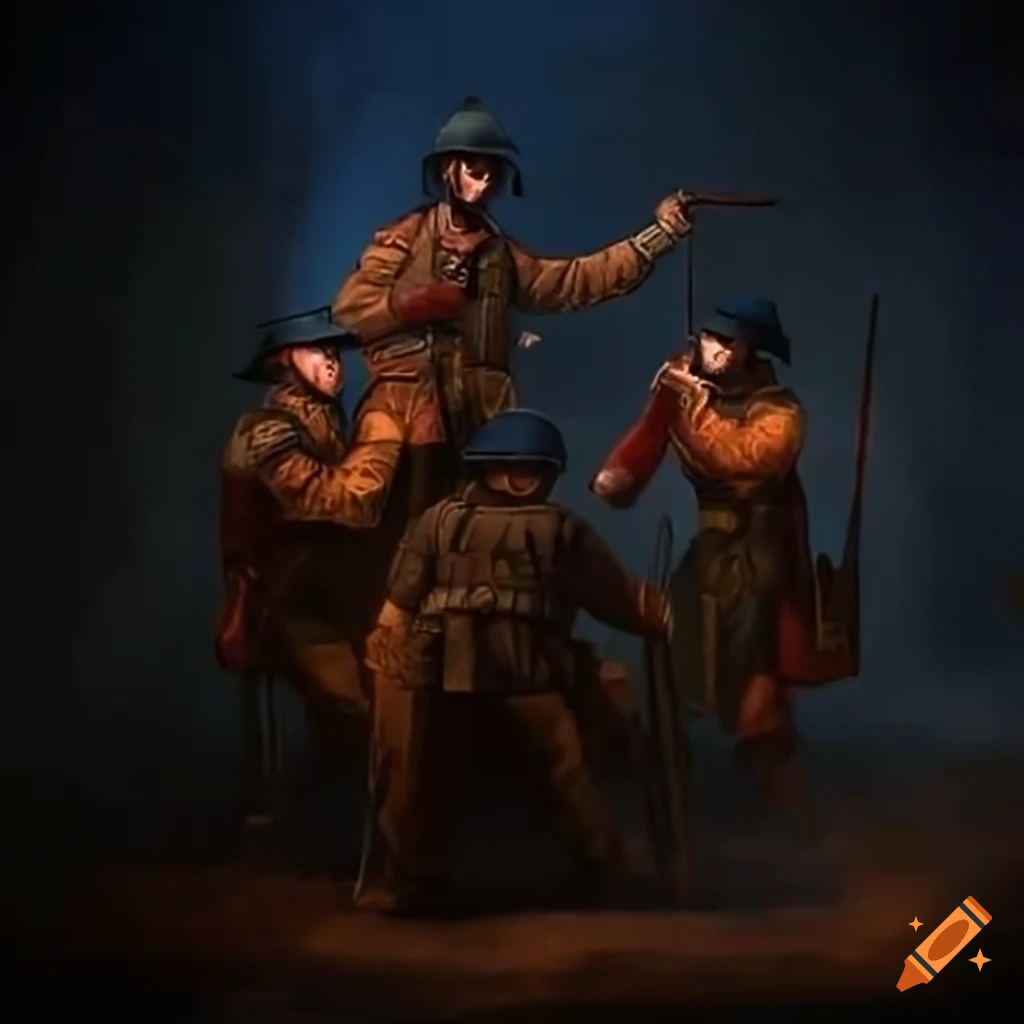 Tense battle scene with three soldiers in various uniforms surrounded ...