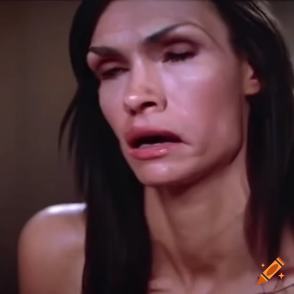 Bruised woman fighter with closed eyes and raised eyebrows in a movie ...