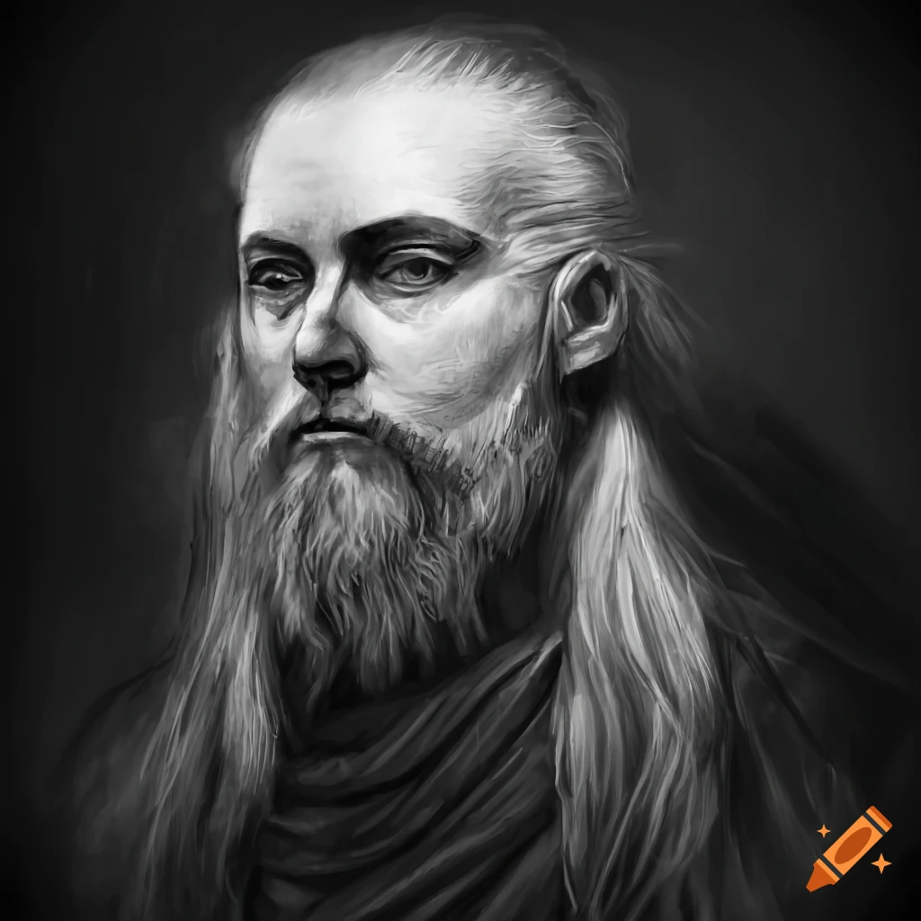 Portrait of a blonde-haired and bearded ancient goth jarl man in viking ...