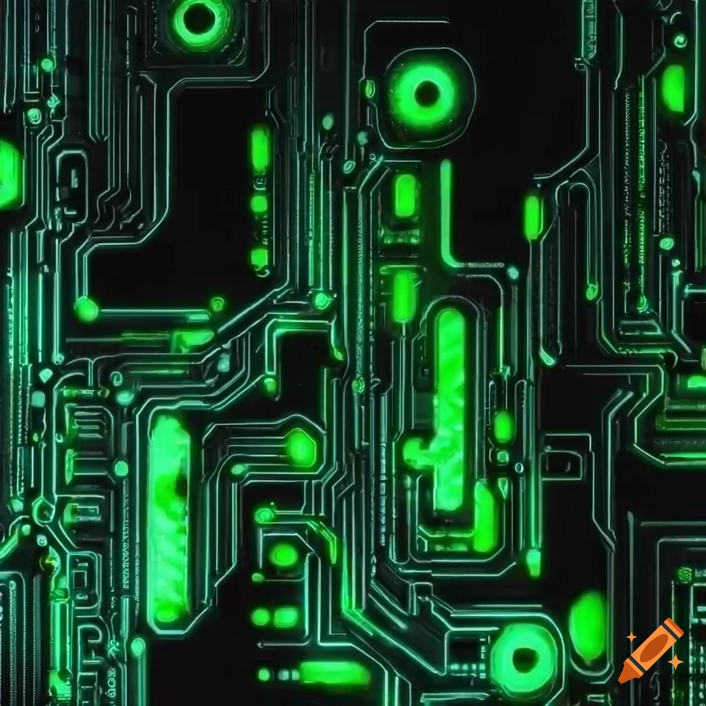Abstract artwork of black and glowing green printed circuit boards with microchips and resistors ...