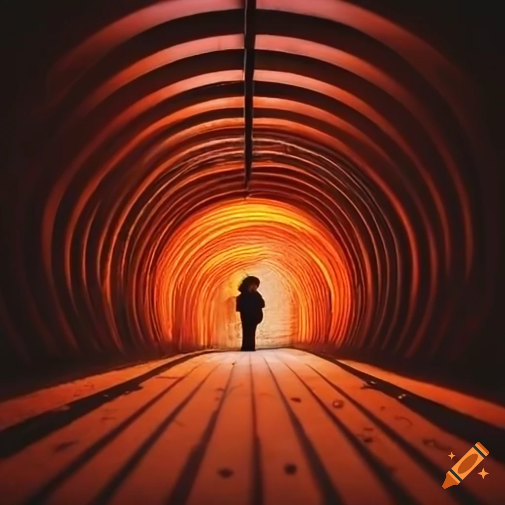 Kid entering shallow orange tunnel with black ending on Craiyon