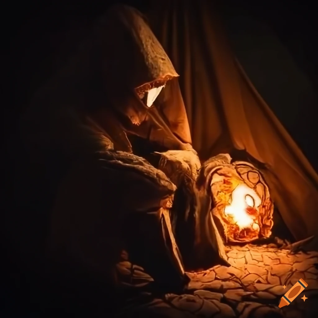 Hooded man with hollow knight mask sitting next to a dim fire in a dark ...