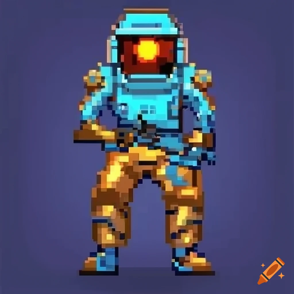 Retro fps enemy in blue and bronze spacesuit pixel art on Craiyon