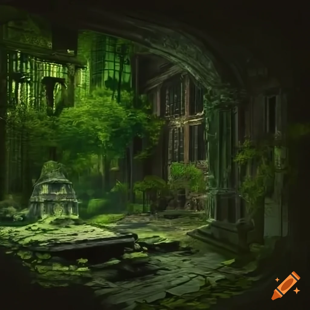 Urban fantasy environment with overgrown plants on Craiyon